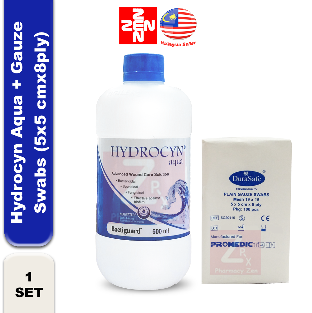 Zen Pharmacy | Hydrocyn Aqua 500ml+Gauze Swabs 5cm x 5cm (8 ply)100 pcs
